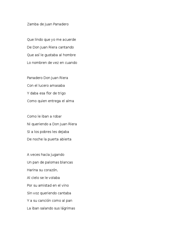 Letra De Zamba Juan Panadero PDF