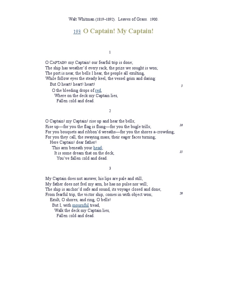 O Captain My Captain Walt Whitman | PDF