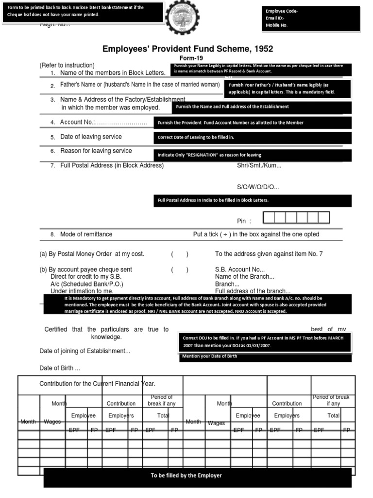 EPF Form 19 Withdrawal Instructions | PDF | Cheque | Payments