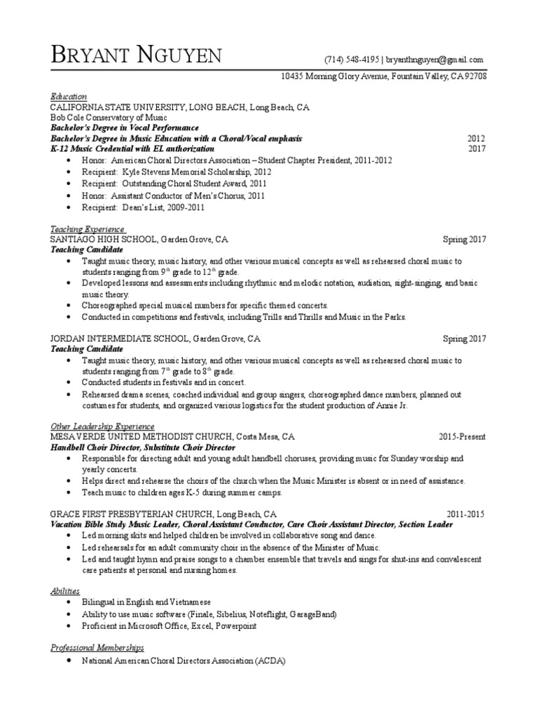 Bnguyen - Music Resume | PDF | Choir | Conducting