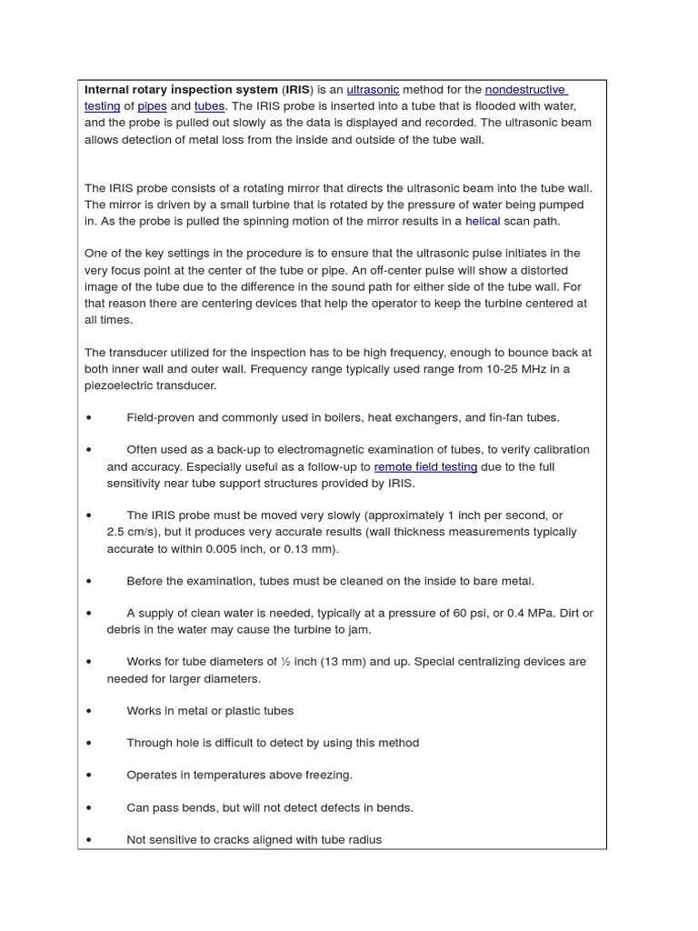 Internal Rotary Inspection System (IRIS) Is An: Ultrasonic ...