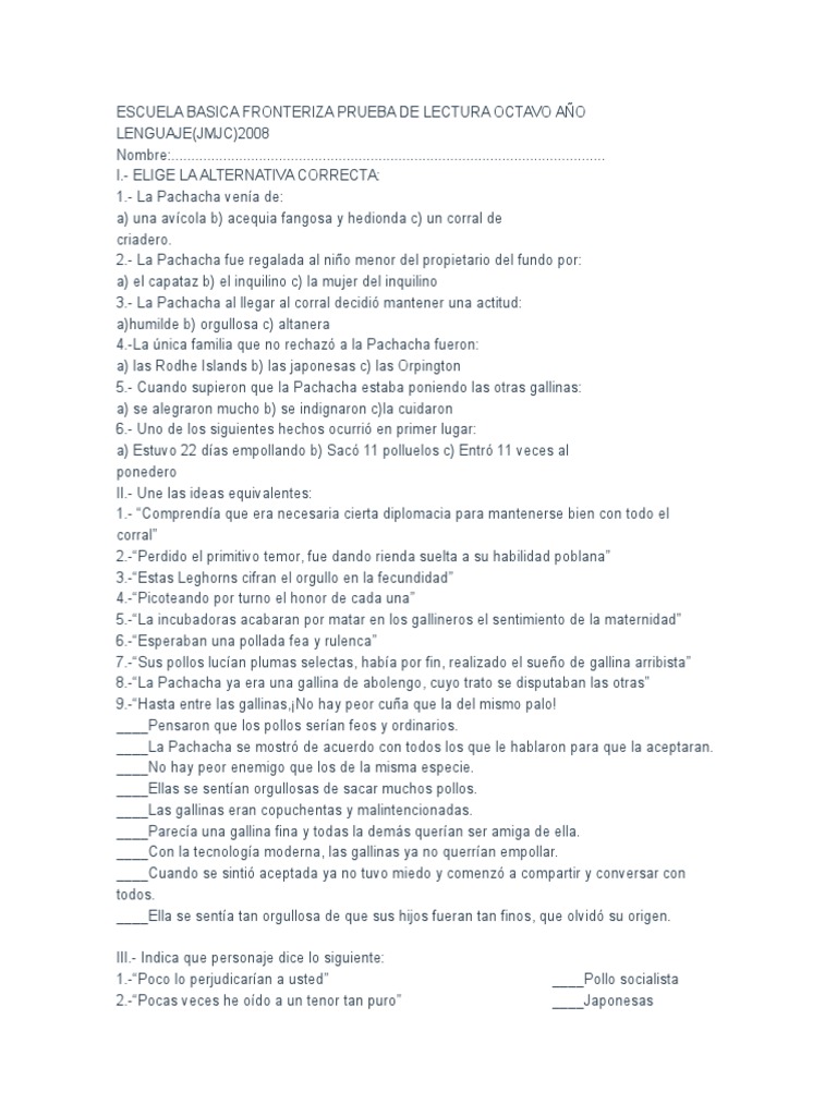 Prueba Cuento La Pachacha | PDF | Pollo