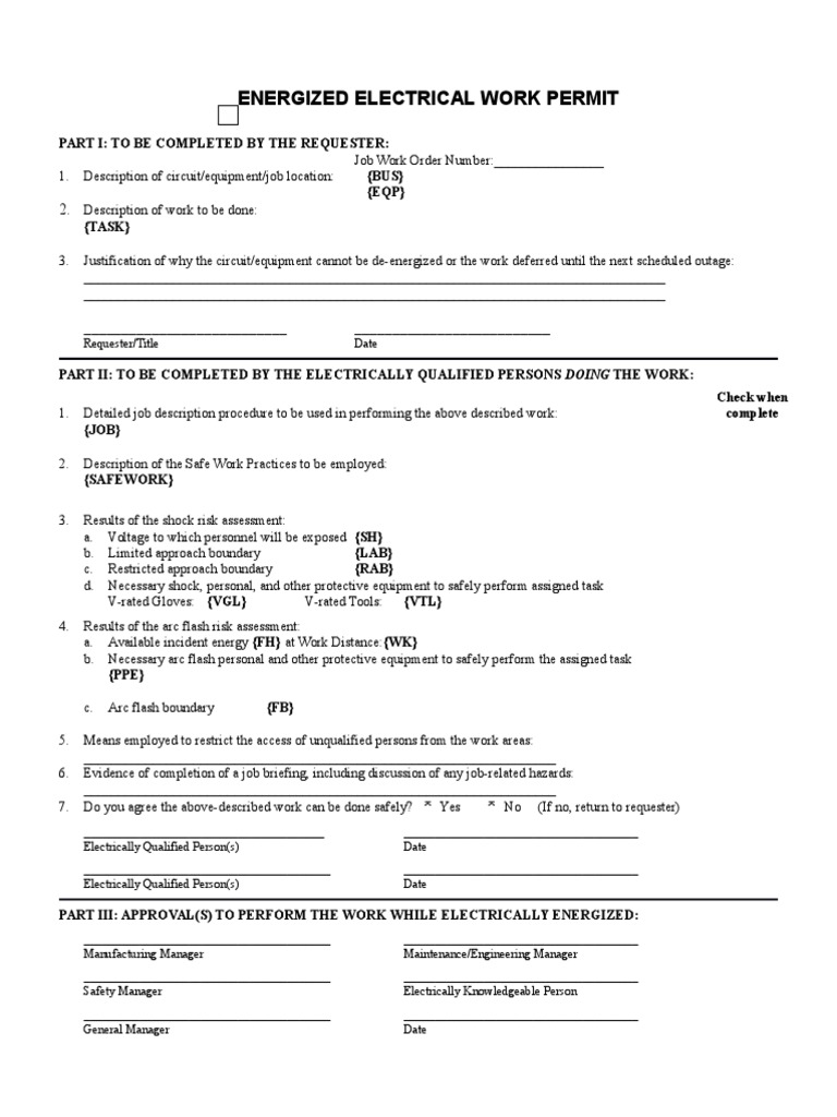 Energized Electrical Work Permit | PDF | Personal Protective Equipment ...