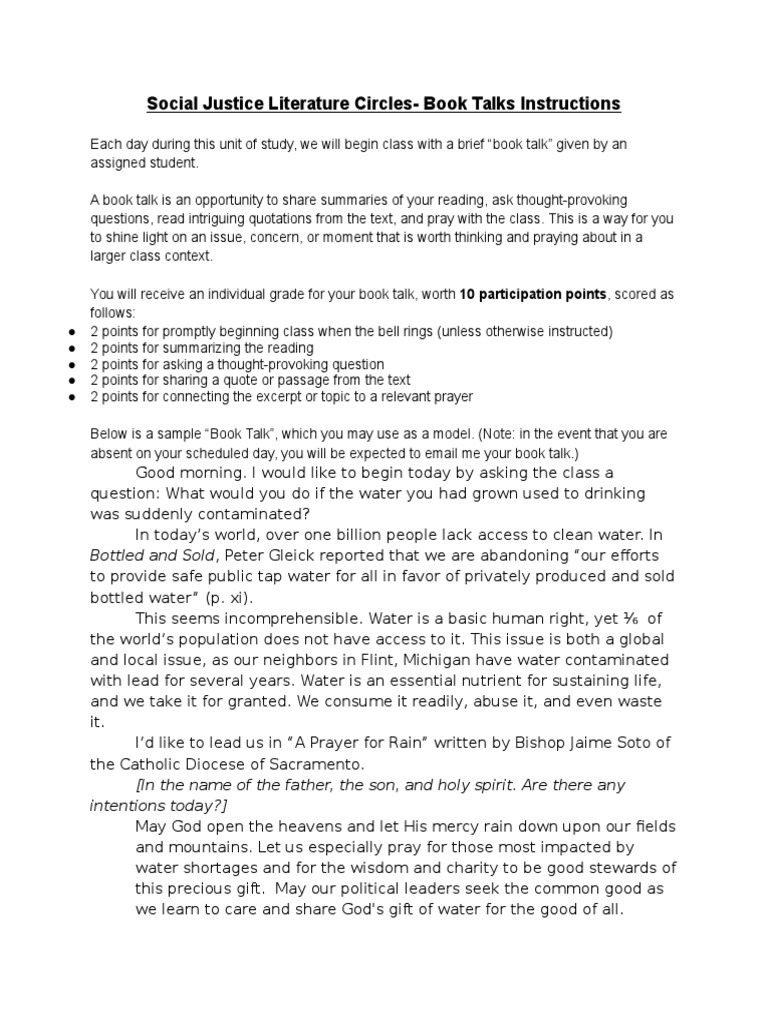 Social Justice Literature Circles-Book Talks Instructions | PDF ...