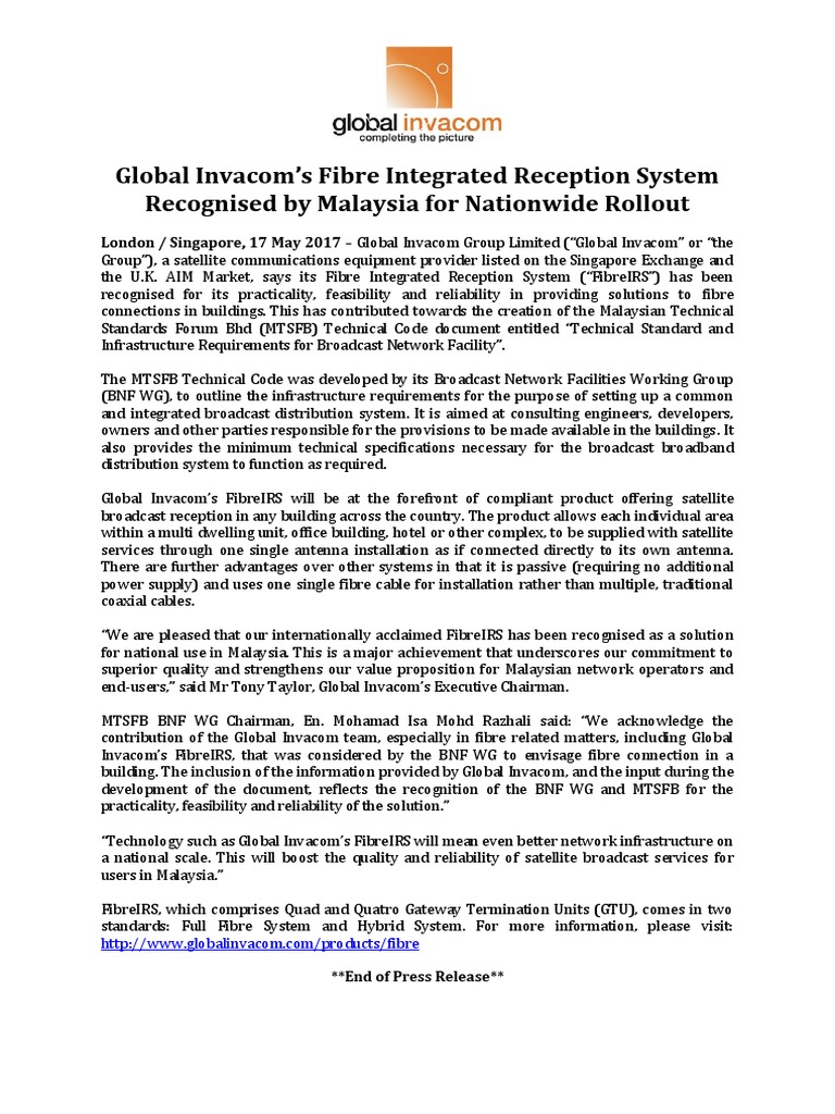 Global Invacom's Fibre Integrated Reception System Recognised by Malaysia For Nationwide Rollout ...
