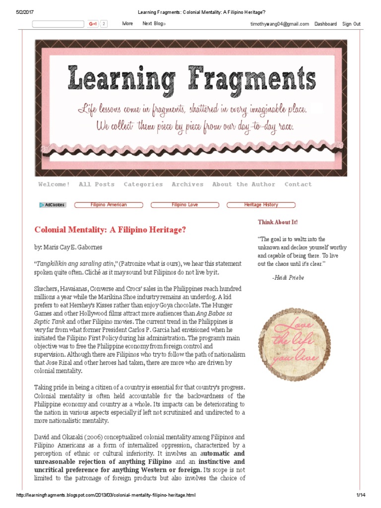 Learning Fragments - Colonial Mentality - A Filipino Heritage | PDF ...