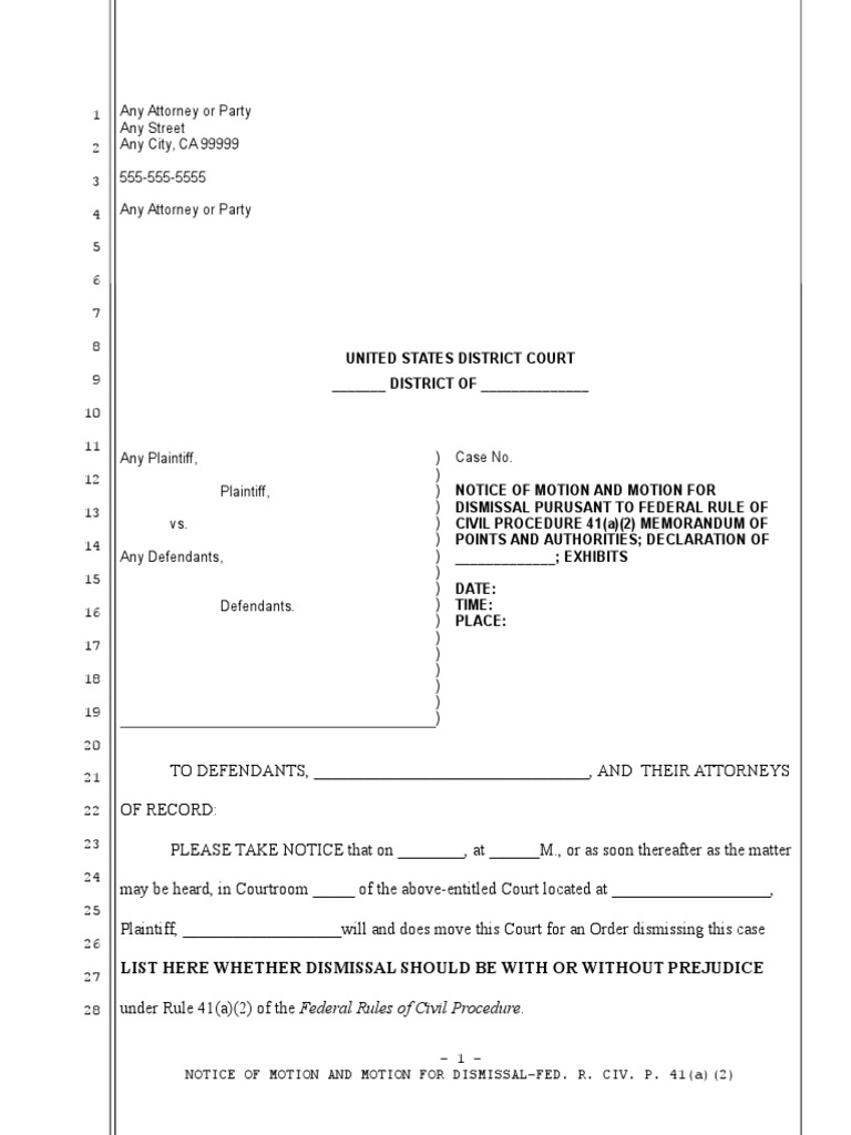 Sample Motion for Voluntary Dismissal Under Rule 41(a)(2) in United ...