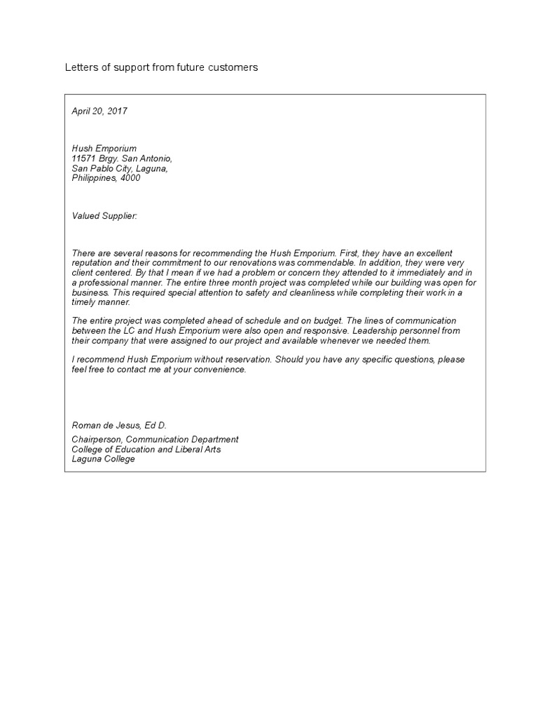 Letters of Support From Future Customers Samples | PDF