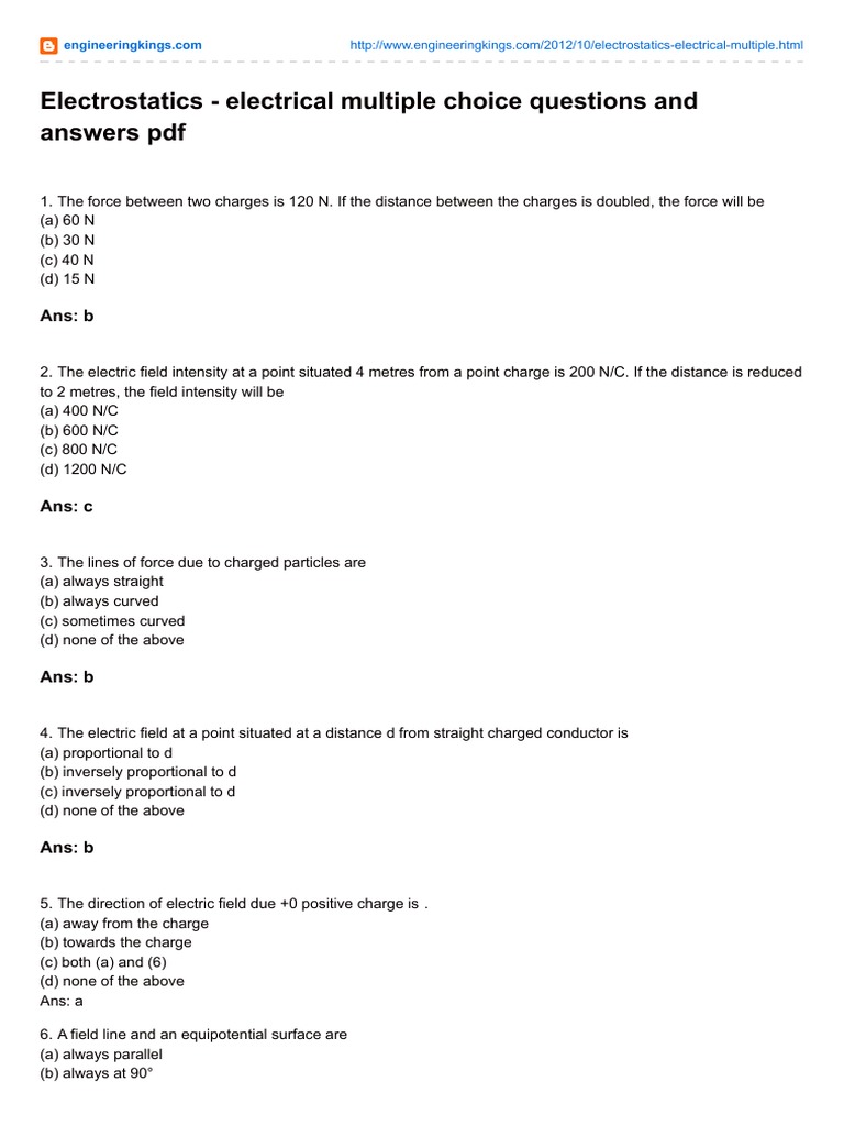 Electrostatics - Electrical Multiple Choice Questions and Answers PDF | PDF | Capacitor | Dielectric