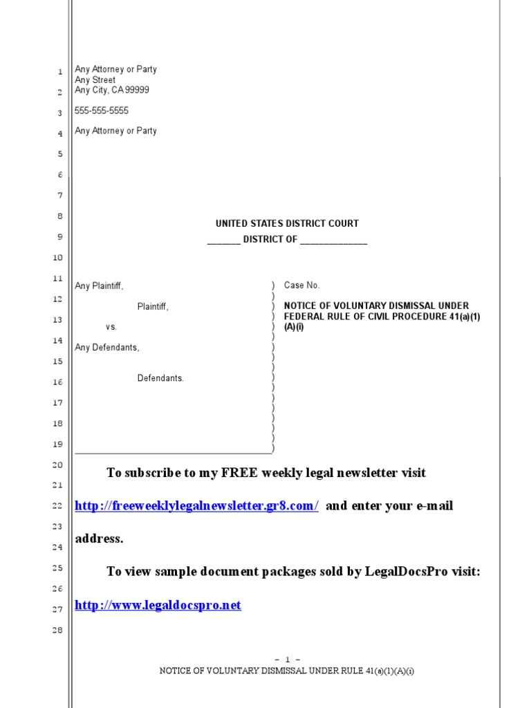 Sample Notice of Voluntary Dismissal Under Rule 41 in United States ...