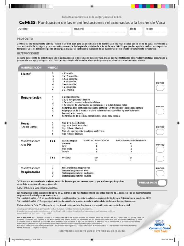 HojaPuntuacion Comiss 21.5x28 BAJA | PDF | Heces | Leche