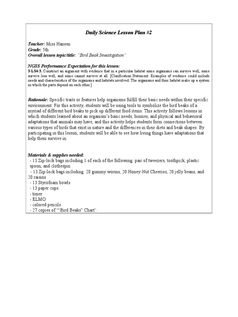 Lesson Plan 2 Science | PDF | Beak | Educational Assessment