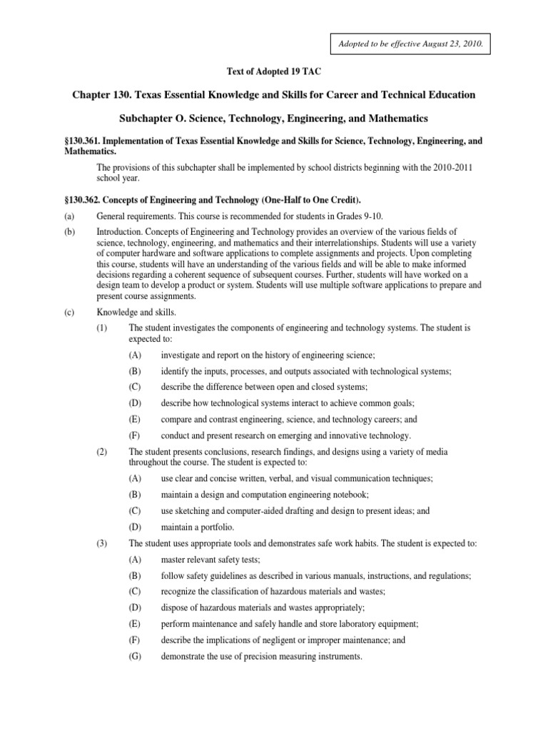 Chapter 130. Texas Essential Knowledge and Skills For Career and ...