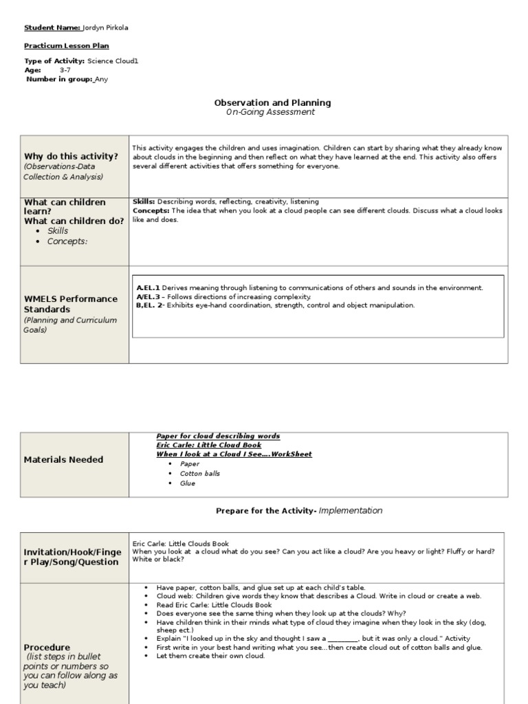 Cloud Lesson Plan | PDF | Lesson Plan | Educational Assessment