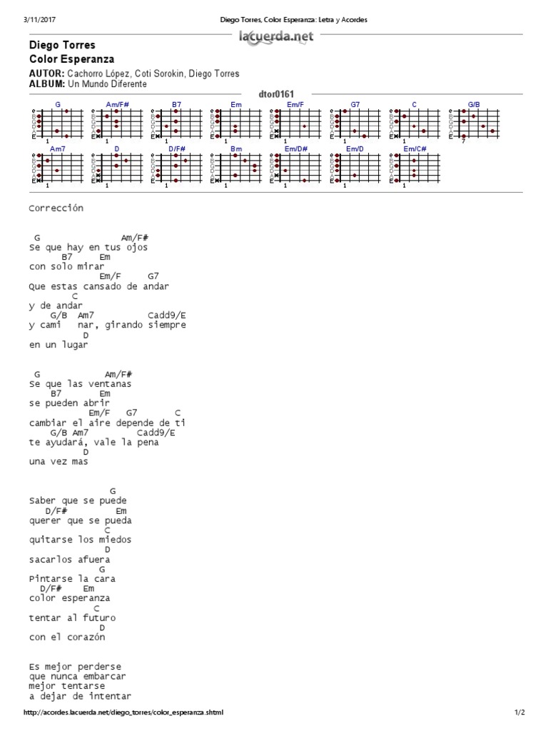 Diego Torres, Color Esperanza - Letra y Acordes 1 | PDF | Acorde ...
