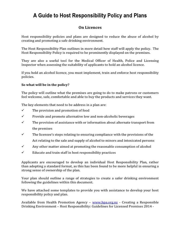 A Guide to Host Responsibility Policy and Plans for on Licences | Bar ...