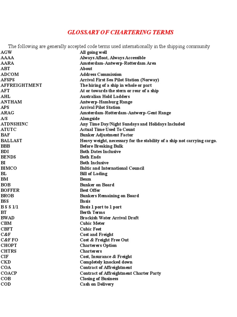 Glossary of Chartering Terms | PDF | Cargo | Containerization