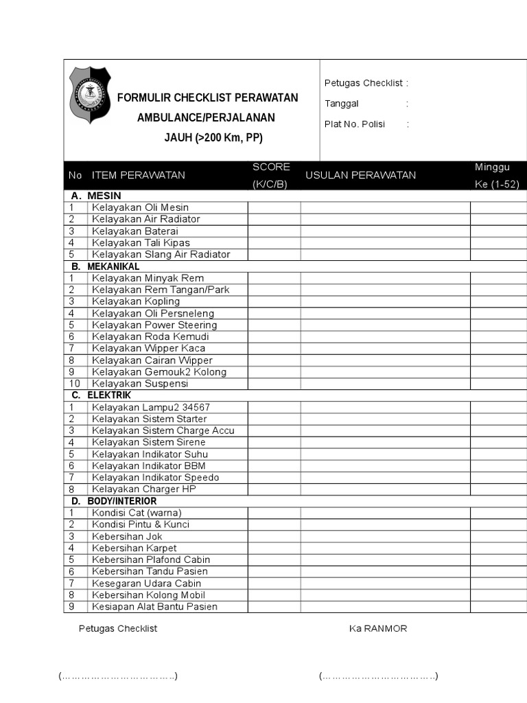 Formulir Checklist Perawatan Ambulance | PDF