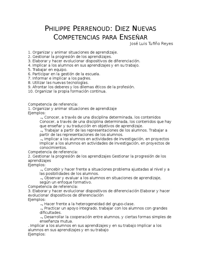 Diez Nuevas Competencias Para Enseñar Philippe Perrenoud (Resumen ...