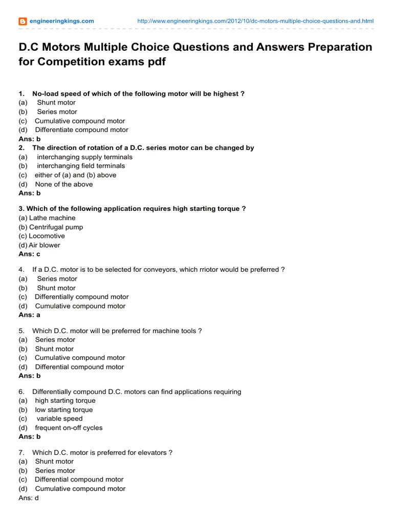 D.C Motors Multiple Choice Questions and Answers Preparation For ...