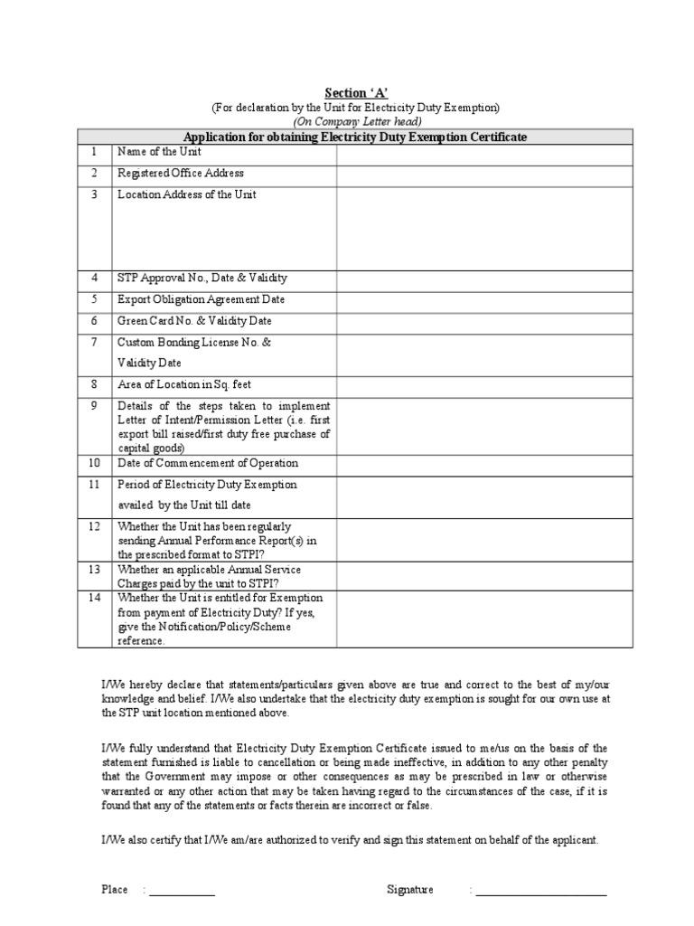 Application For Obtaining Electricity Duty Exemption Certificate | PDF ...