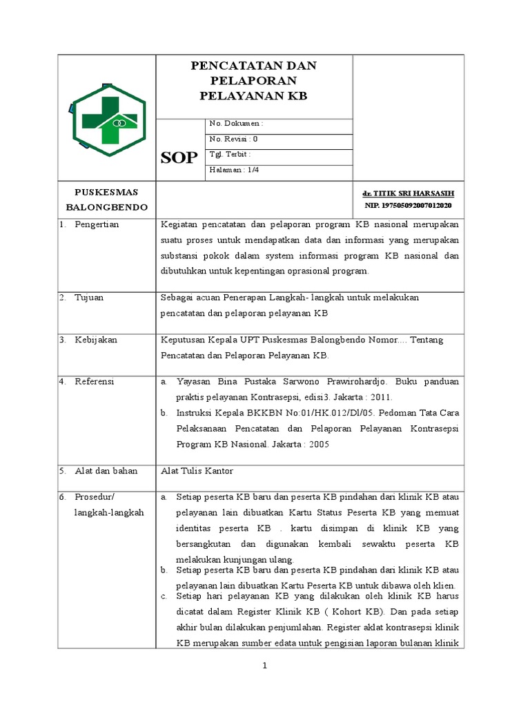 Sop Pencatatan Dan Pelaporan Pelayanan KB | PDF