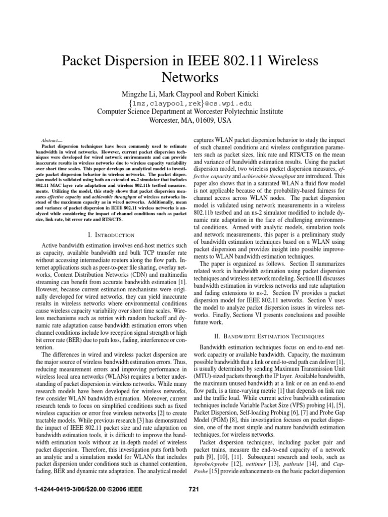 Packet Dispersion in IEEE 802.11 Wireless Networks | PDF | Wireless Lan ...