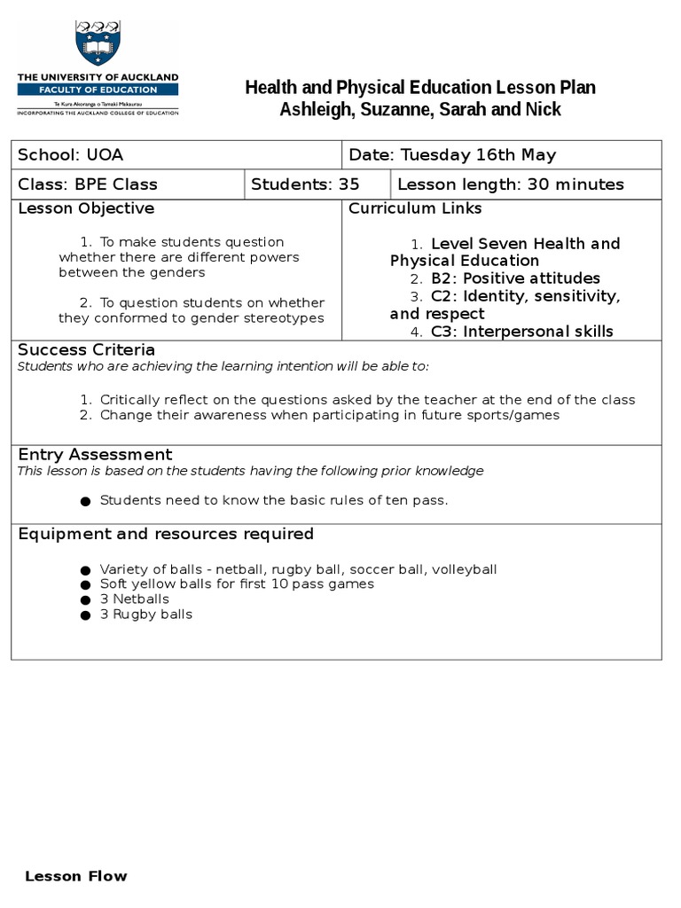 Health and Physical Education Lesson Plan Ashleigh, Suzanne, Sarah and ...