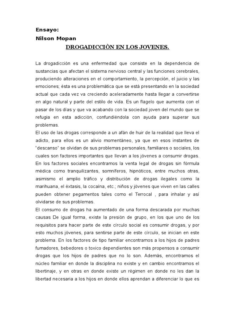 Ensayo Sobre Ladrogadiccion en Los Jovenes | PDF | La dependencia de sustancias | Ciencias del ...