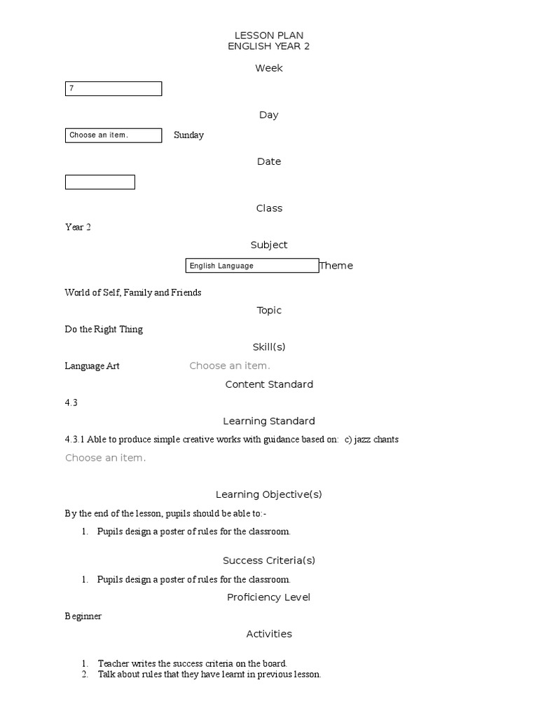 Lesson Plan English Year 2 KSSR | PDF | Lesson Plan | Teachers