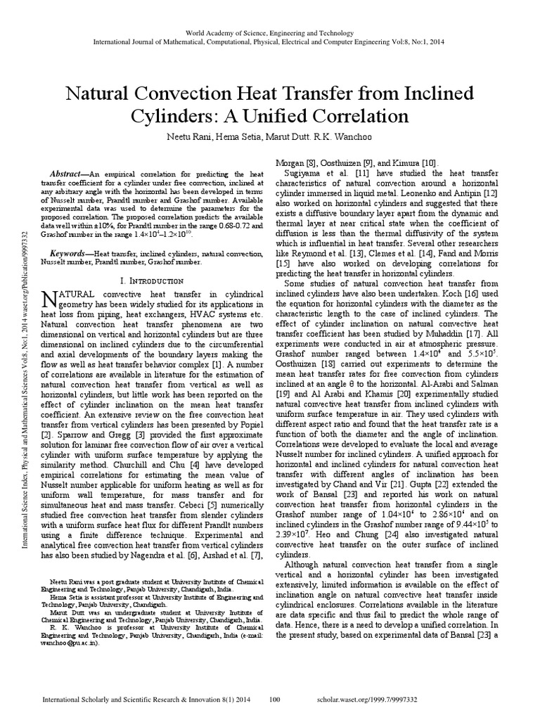 Natural Convection Heat Transfer From Inclined Cylinders A Unified ...