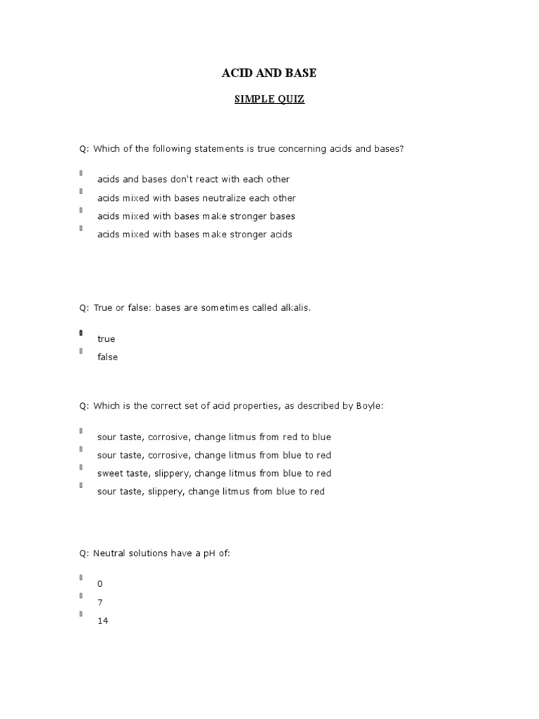 Acid Base Simple Quiz | PDF