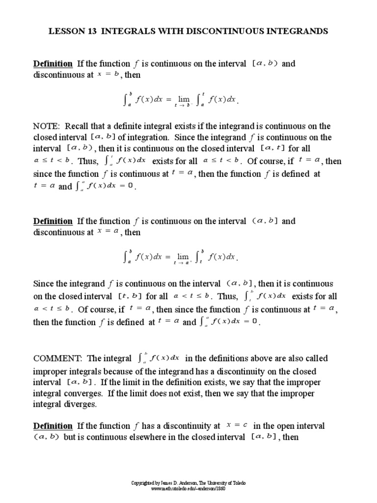 Lesson 13 Integrals With Discontinuous Integrands: DX X F DX X F ...