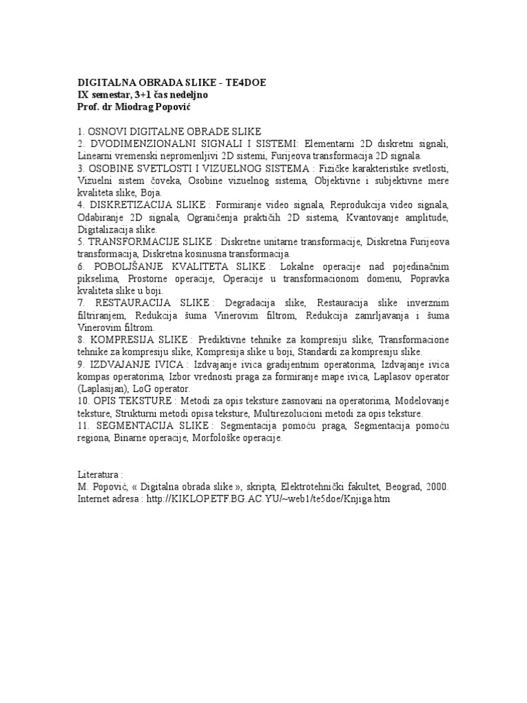 Koncept Za Predavanja Obrada Slike | PDF