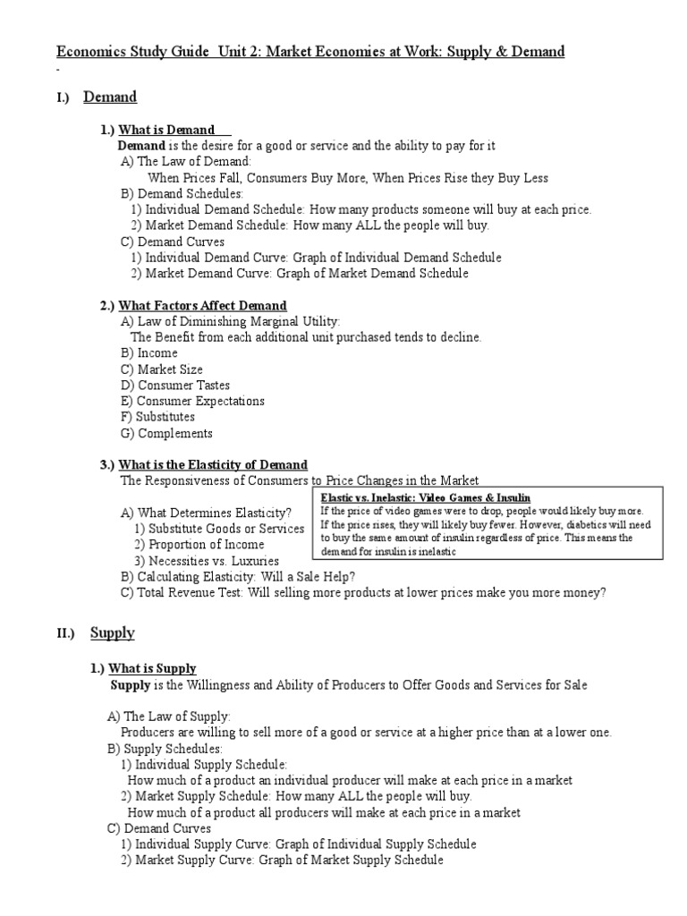 Economics Study Guide Unit 2: Market Economies at Work: Supply & Demand ...