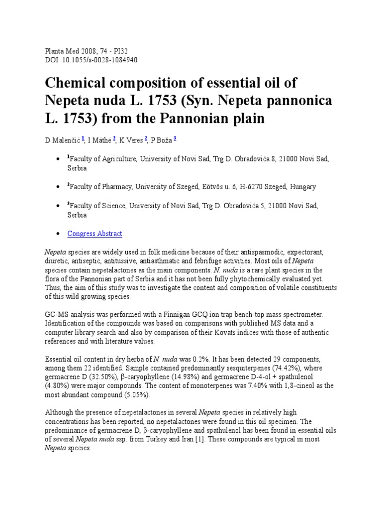 Chemical Composition of Essential Oil of Nepeta Nuda L. 1753 (Syn ...