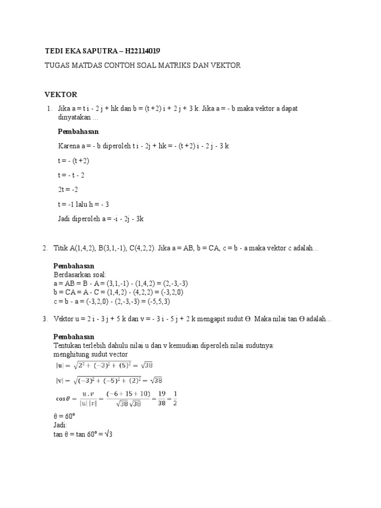 Contoh Soal Vektor Dan Matriks | PDF