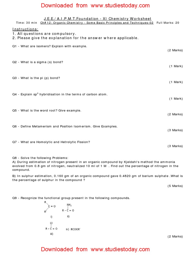 CBSE Class 11 Chemistry Worksheet - Organic Chemistry | PDF | Nitrogen ...
