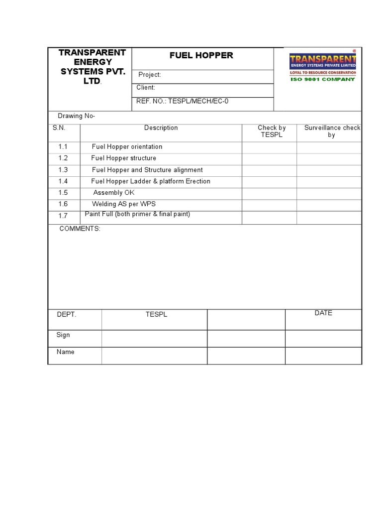 Fuel Hopper Design and Assembly Checklist | PDF | Energy And Resource ...
