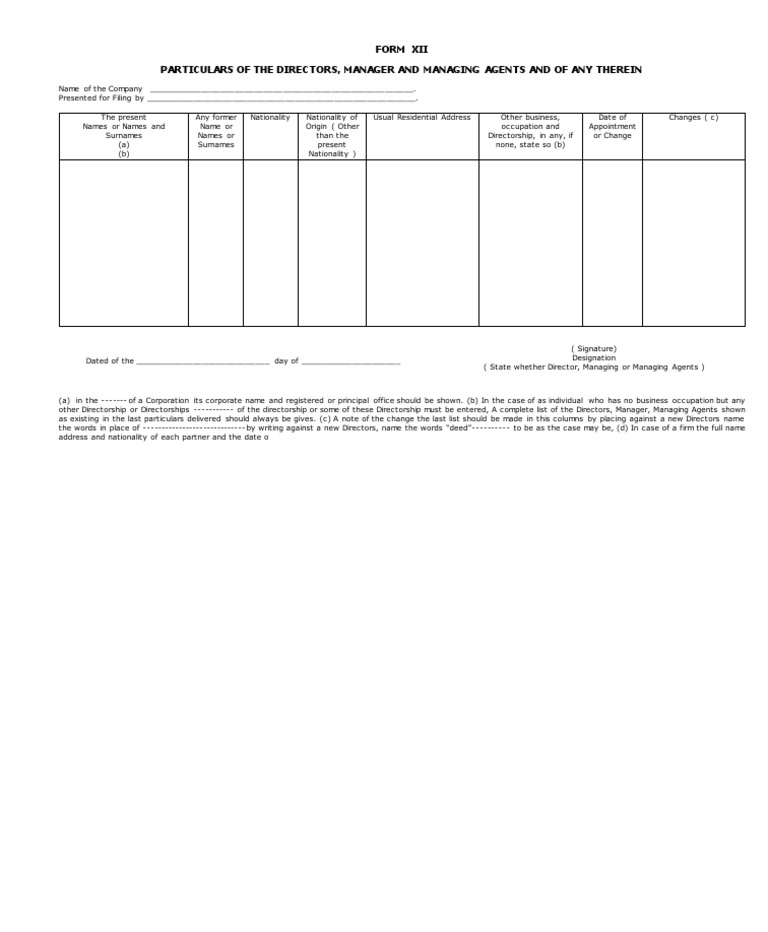 Form Xii Particulars of The Directors, Manager and Managing Agents and ...