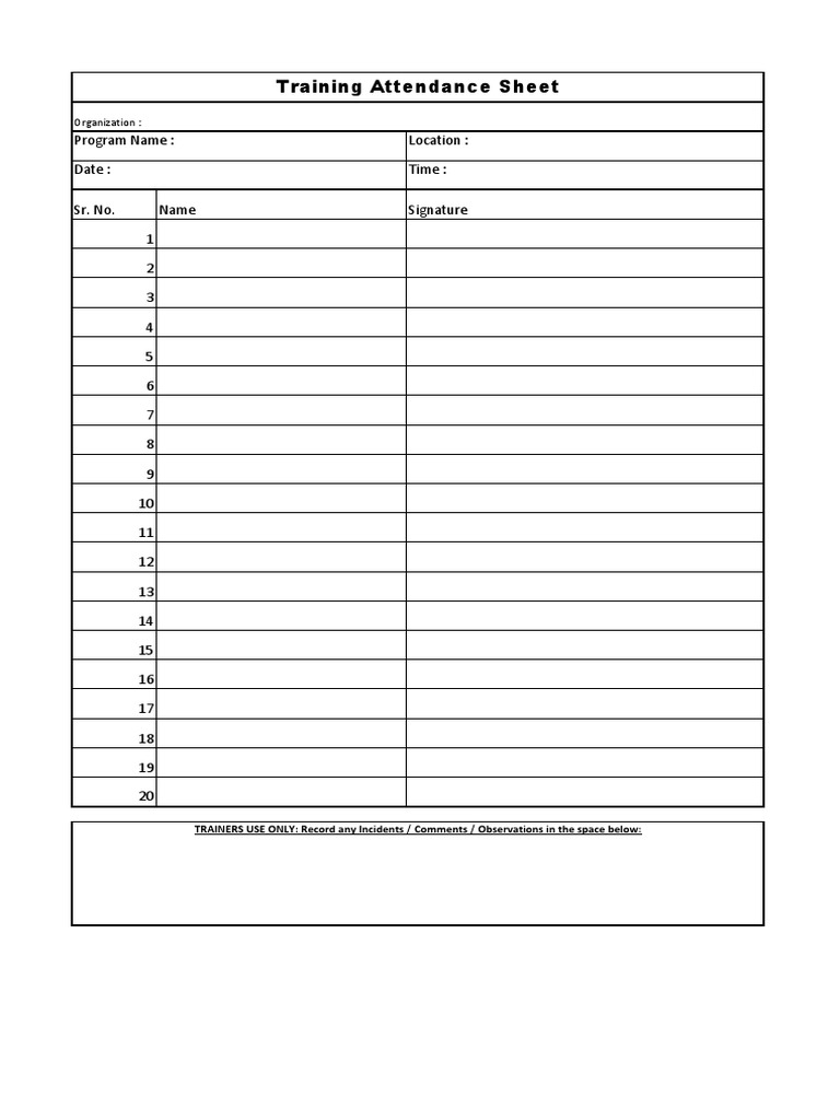 Training Attendance Sheet: Location: Time: Program Name: Date | PDF