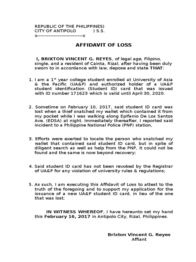 Sample Affidavit of Loss | PDF