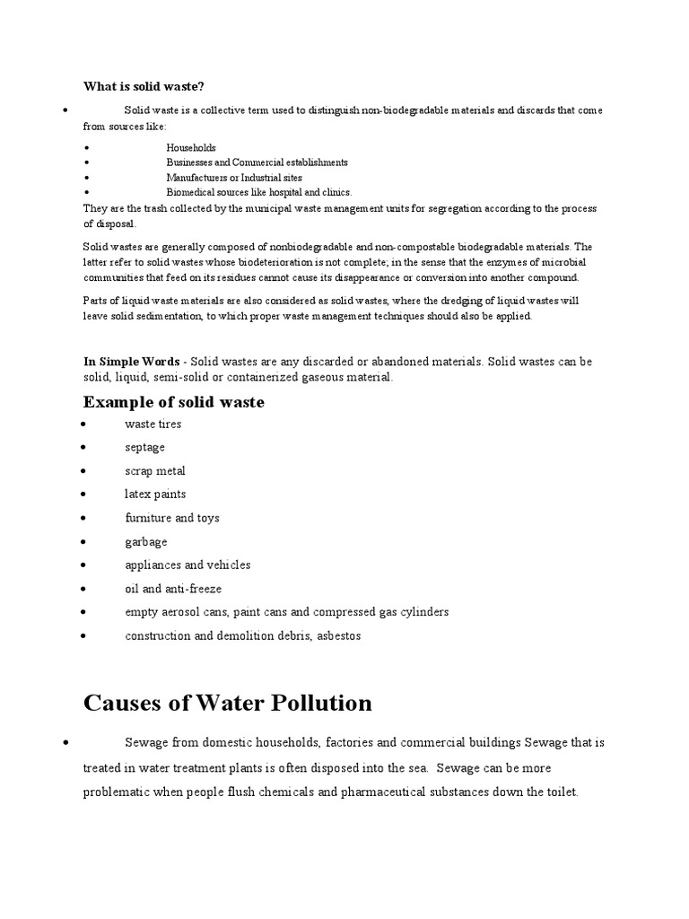 Causes of Water Pollution: Example of Solid Waste | PDF | Municipal ...