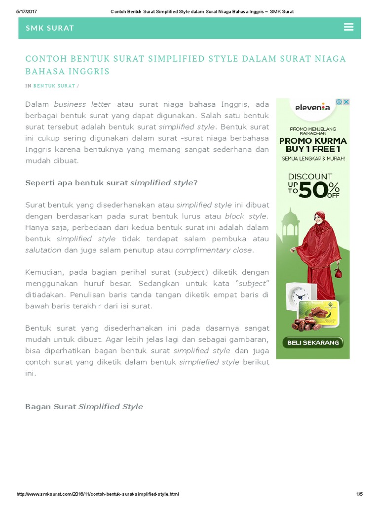 Contoh Bentuk Surat Simplified Style Dalam Surat Niaga Bahasa Inggris ...