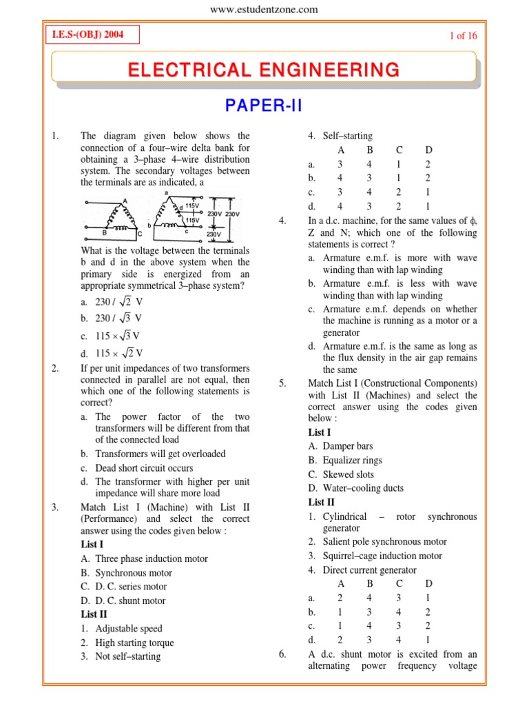 IES Electrical Engineering Previous Year Question Paper 2004 Paper 2 ...