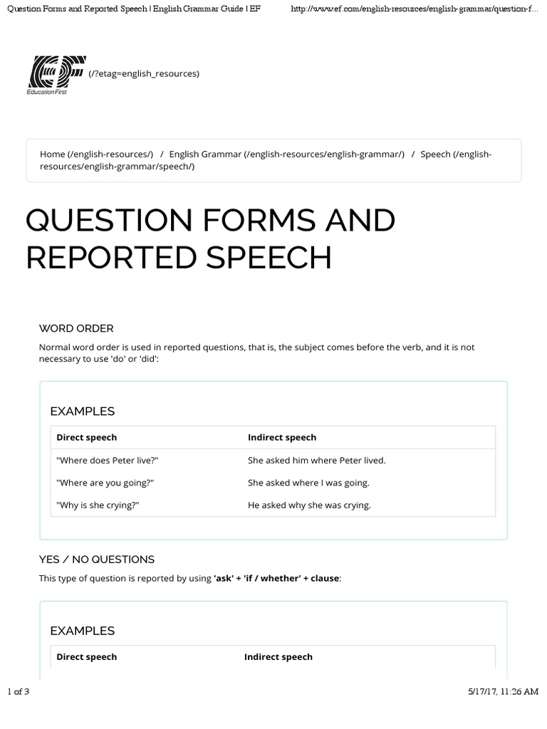 Question Forms and Reported Speech - English Grammar Guide - EF | PDF ...
