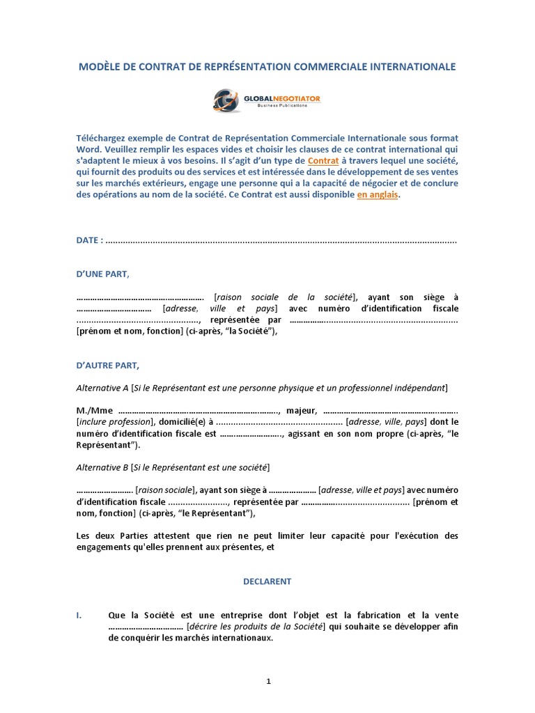 Modele Contrat Representation Commerciale Internationale Exemple | PDF ...
