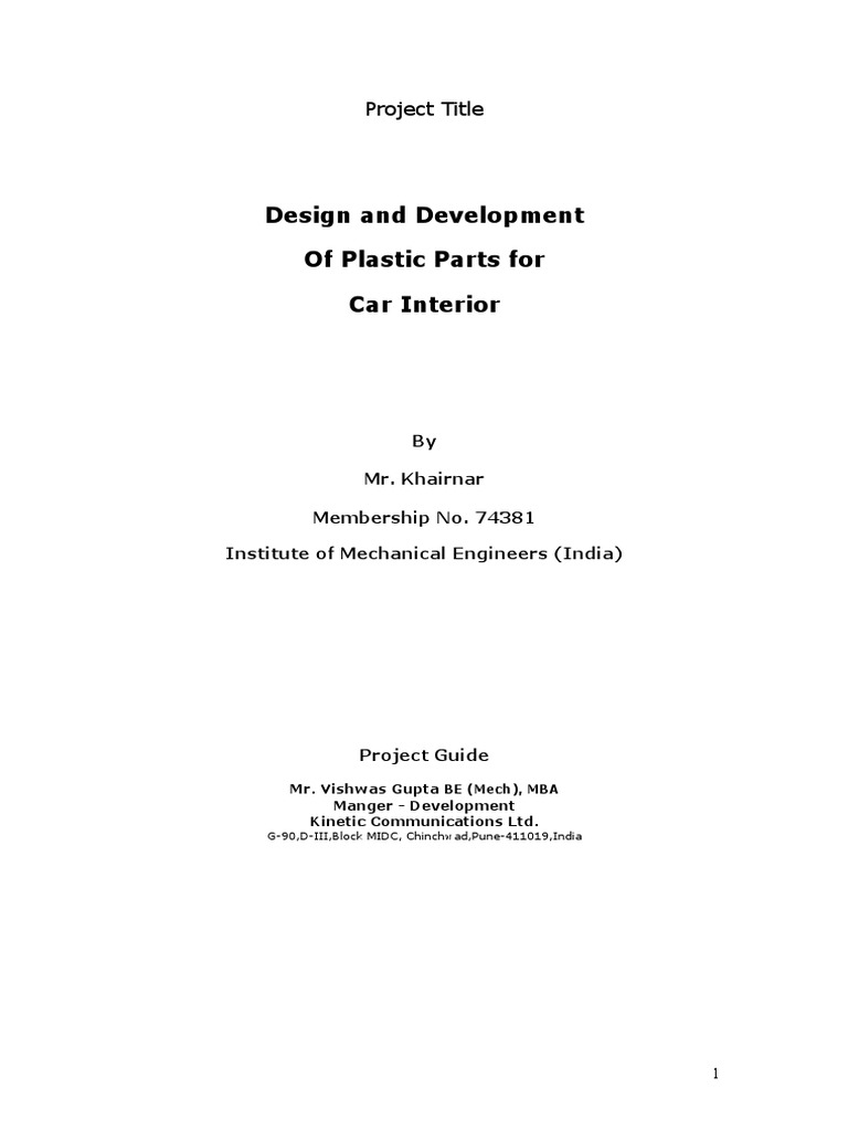 Design and Development of Plastic Parts For Car Interior: Project Title ...