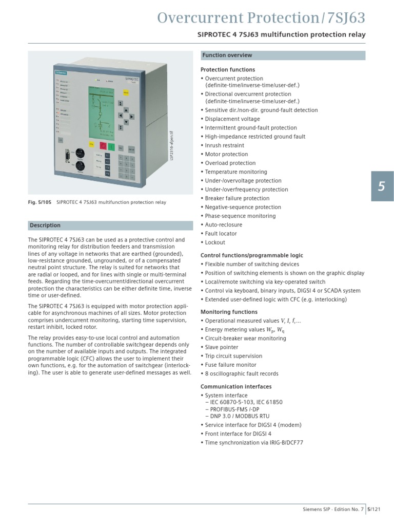 Overcurrent Protection / 7SJ63 | PDF | Relay | Electrical Substation