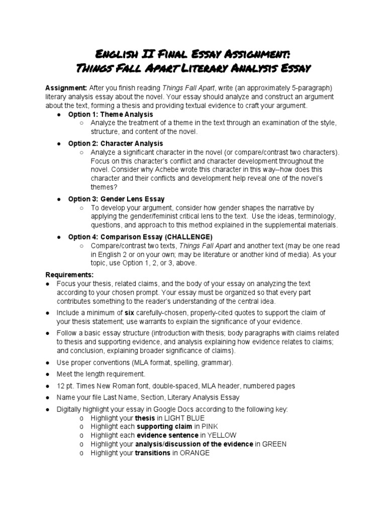 English II Final Essay Assignment: Things Fall Apart Literary Analysis ...